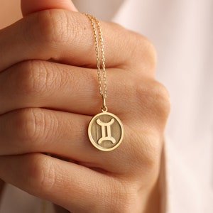 14k Solid Gold Gemini Necklace , Zodiac Gemini Gold Pendant , Gemini ...