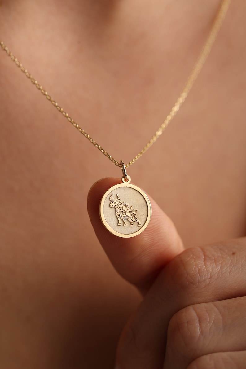 14k Solid Gold Taurus Zodiac Necklace, Taurus Bull Pendant , Zodiac ...