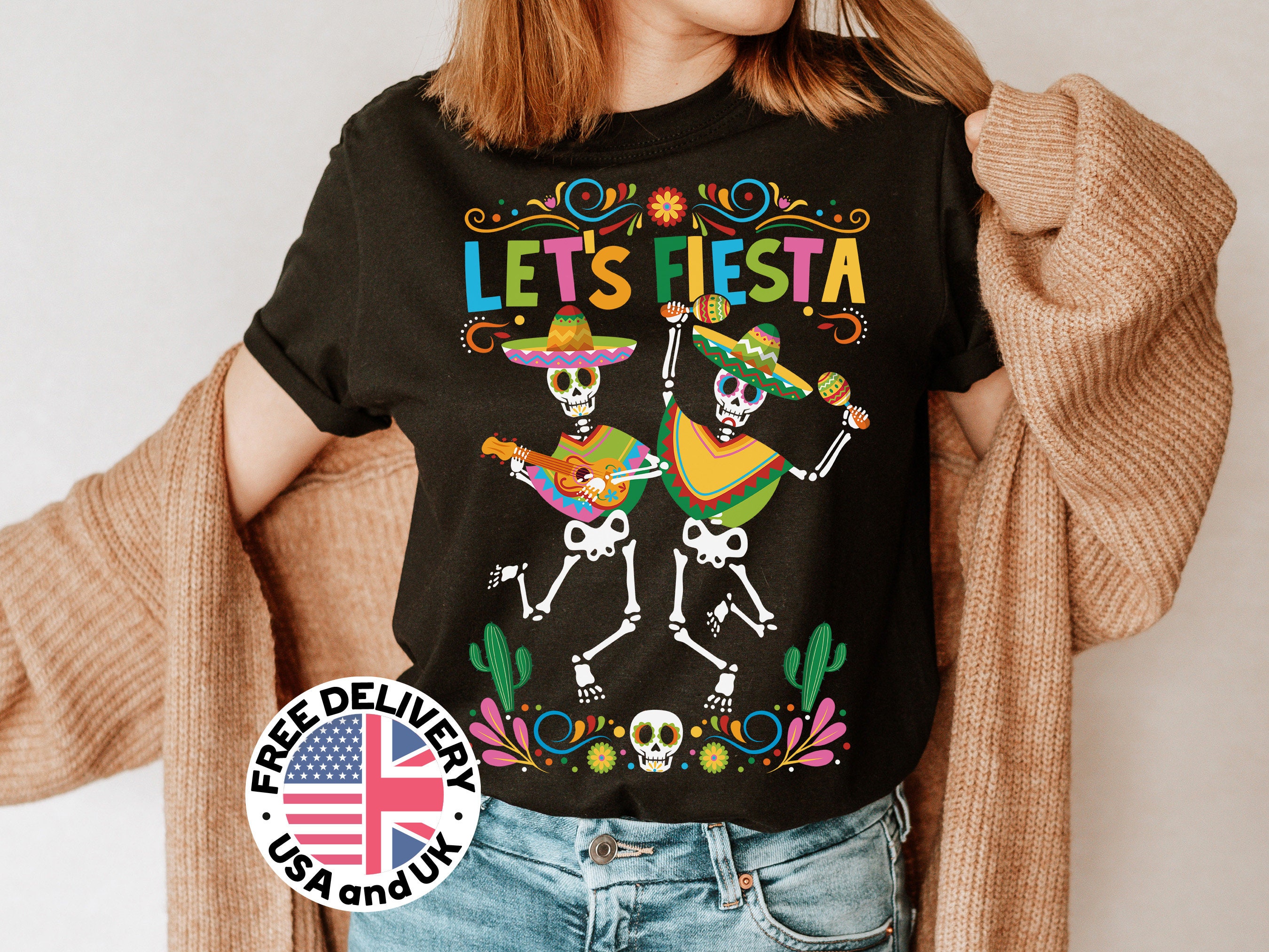 Lets' Fiesta Dancing Skeleton Guitar Shirt Sugar Skull - Etsy