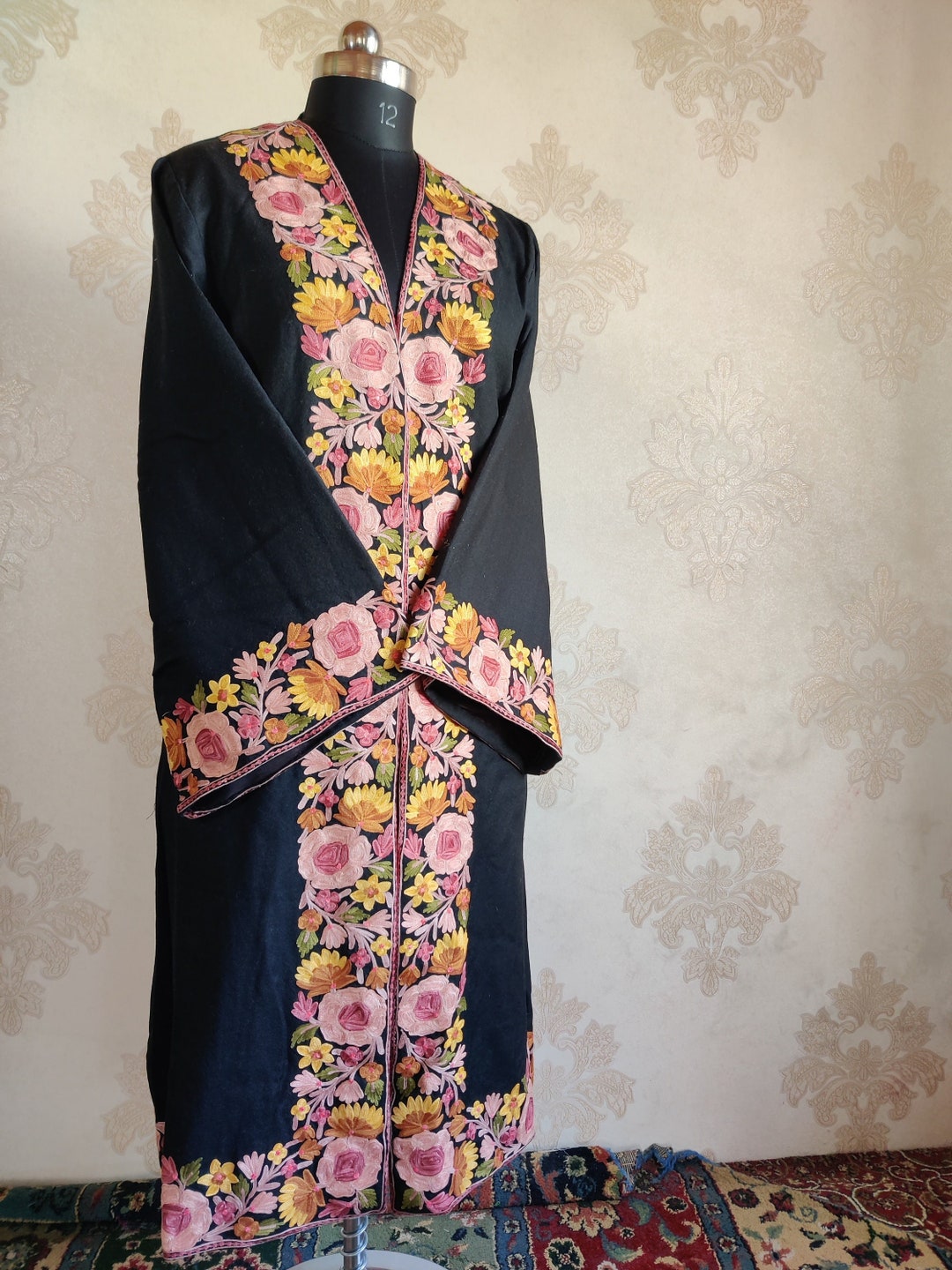 Wool Kimono, Long Robe Embroidery, Black Kashmiri Robe, Embroidered ...