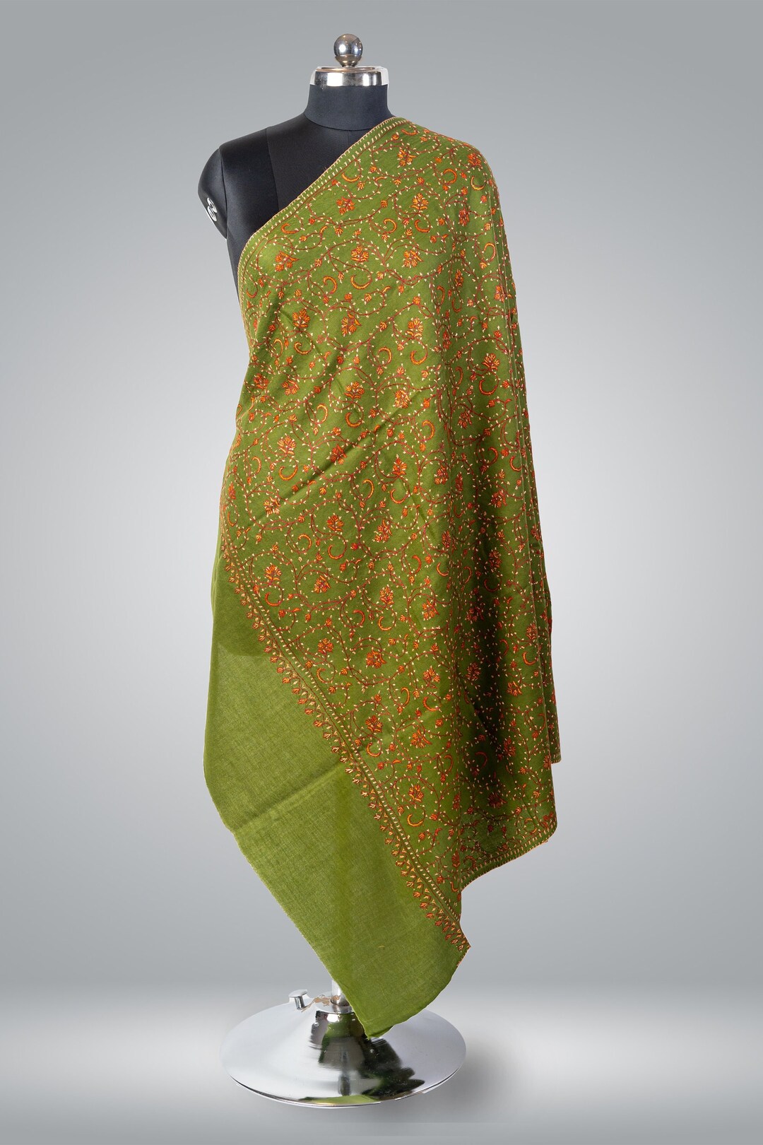 Kashmiri Shawl in Olive Green, Luxury Sozni Shawl, Embroidered Shawl ...