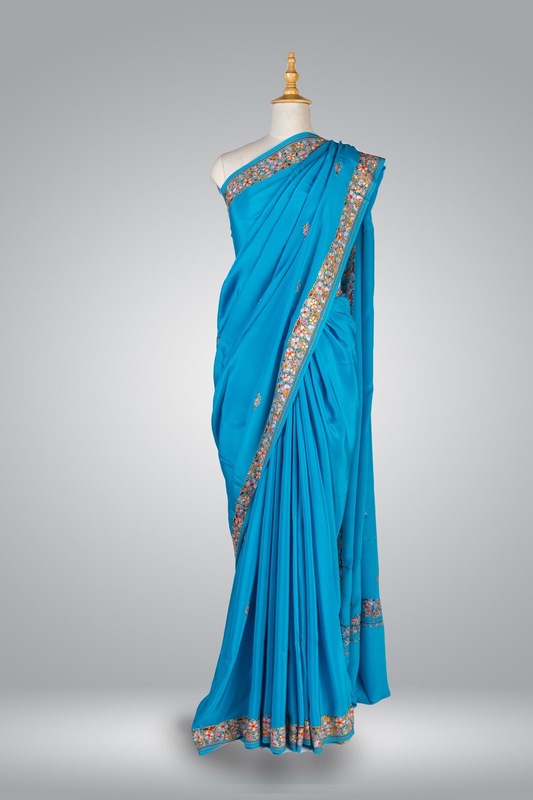 Turquoise Blue Indian Saree, Kashmiri Women Saree, Pure Crepe Saree ...