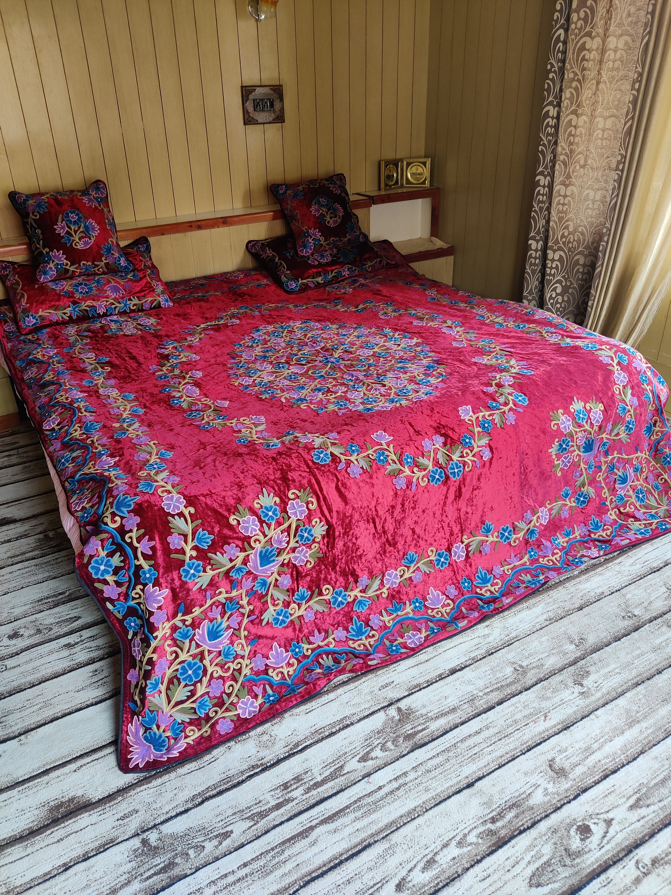 Kashmiri Embroidery Bed Cover, Indian Embroidered Bed Cover, Velvet ...
