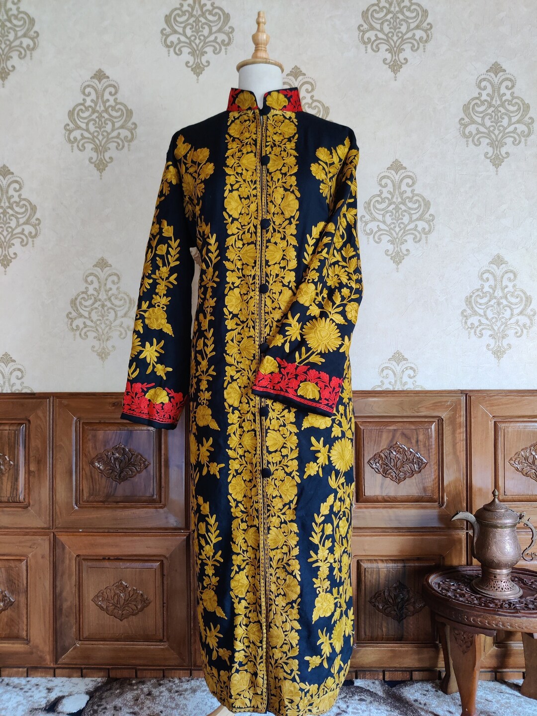 Luxury Kashmiri Jacket Floral Embroidered in Black and Gold - Wool ...