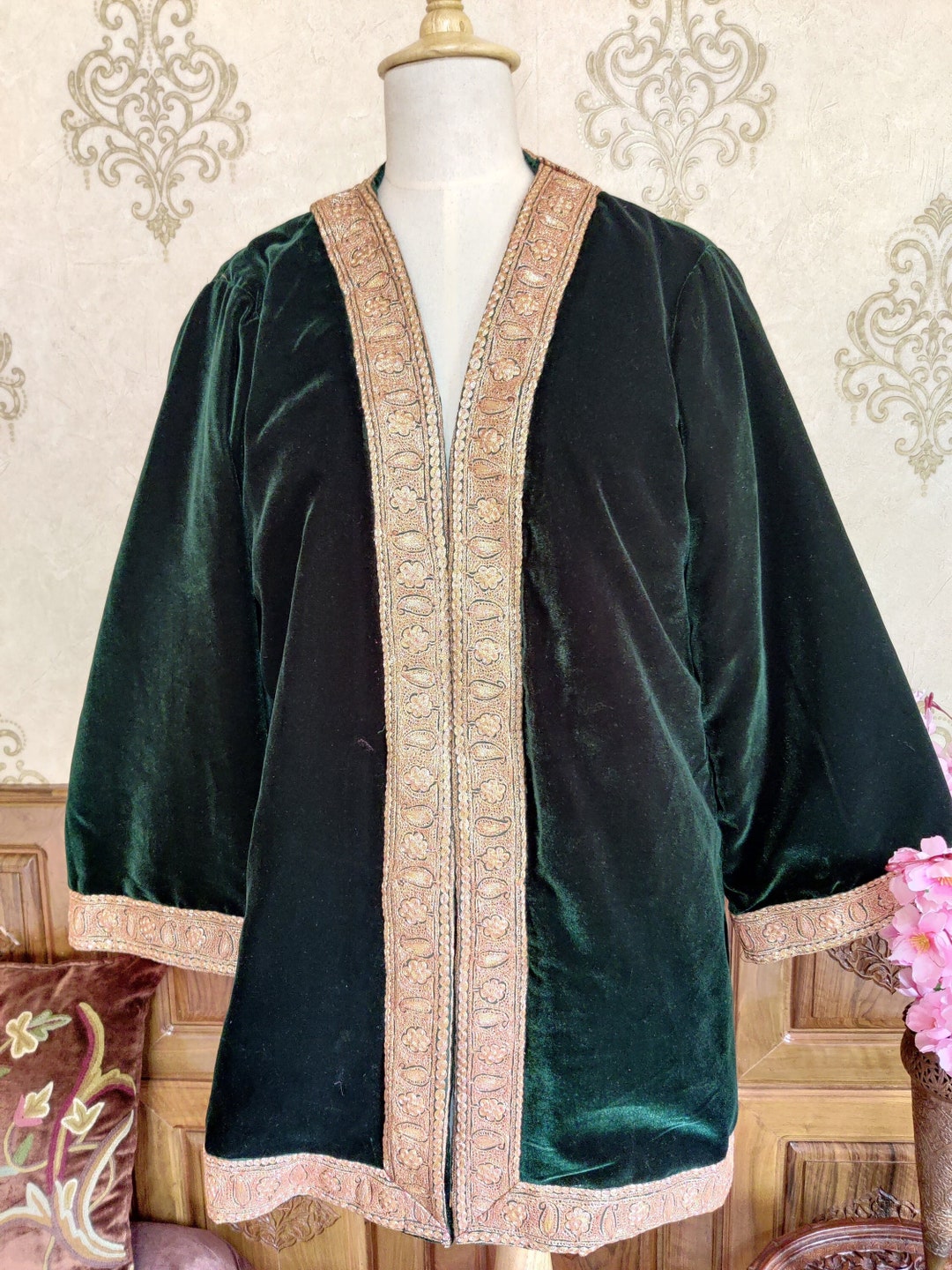 Velvet Robe Traditional, Velvet Kimono, Kashmiri Robe in Green & Gold ...
