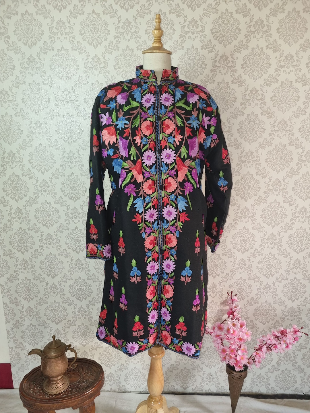 Long Kashmiri Jacket, Handmade Indian Jacket, Floral Embroidered Coat ...