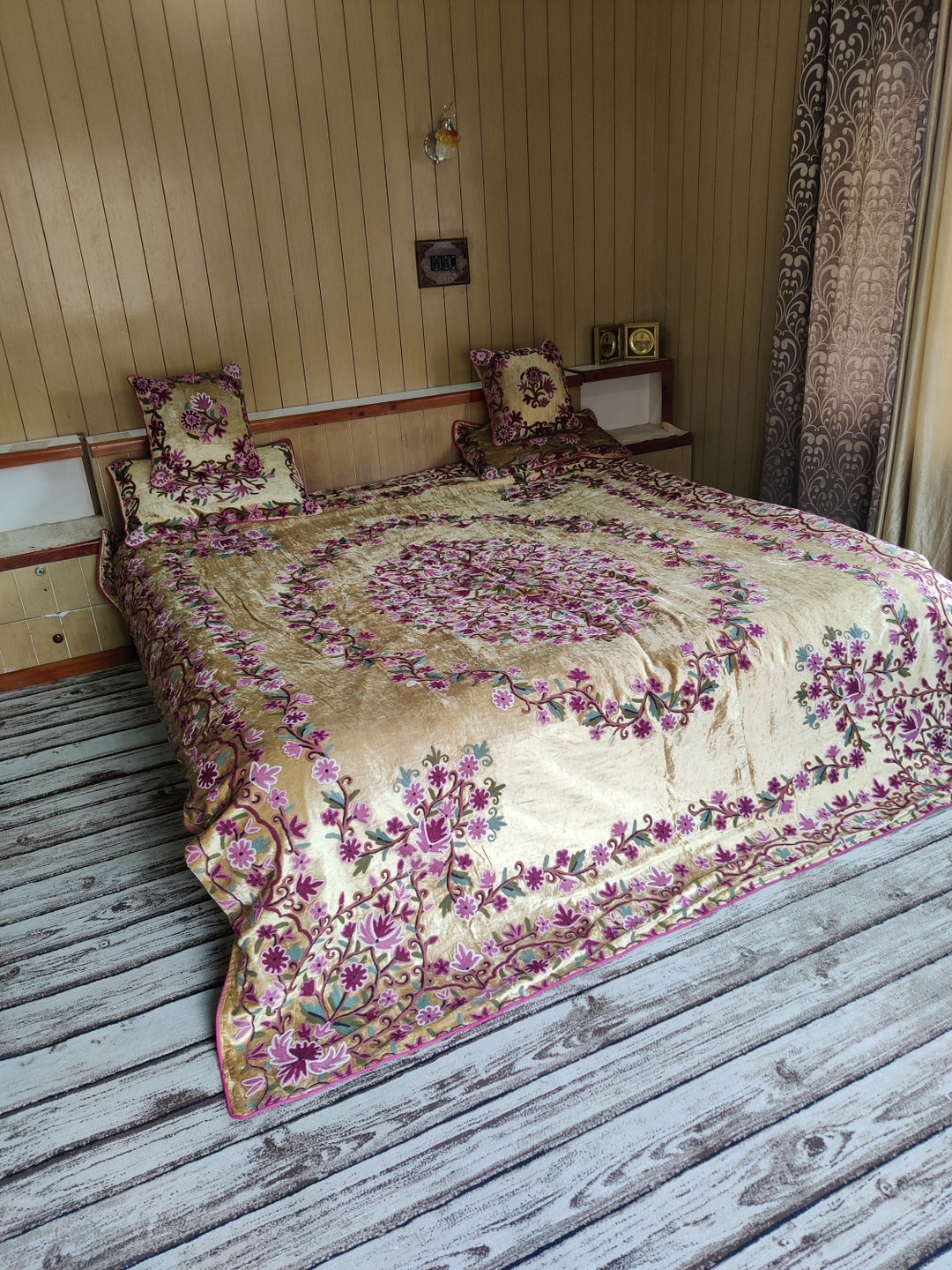 Kashmiri Embroidery Bed Cover ,crewel Embroidery Bed Cover, Velvet ...