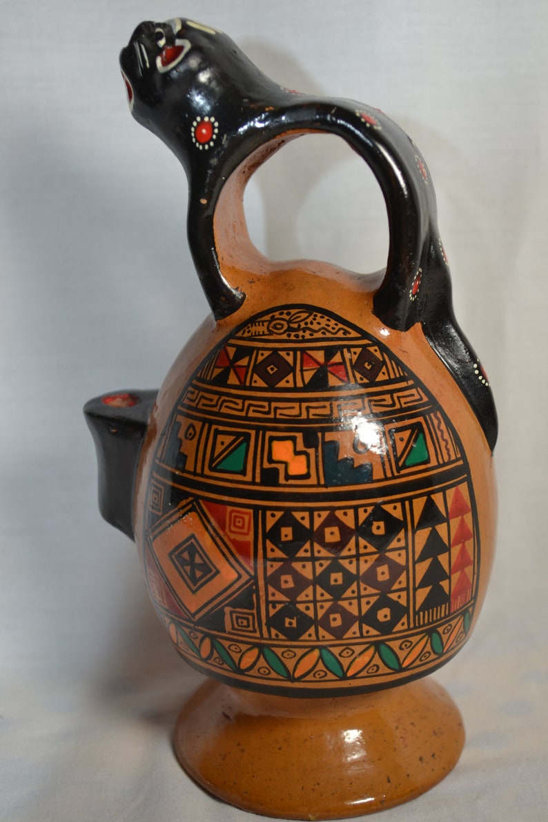 Vintage Cusco Peru Chicha Terracotta Jug Jaguar Figurine Handle Hand ...