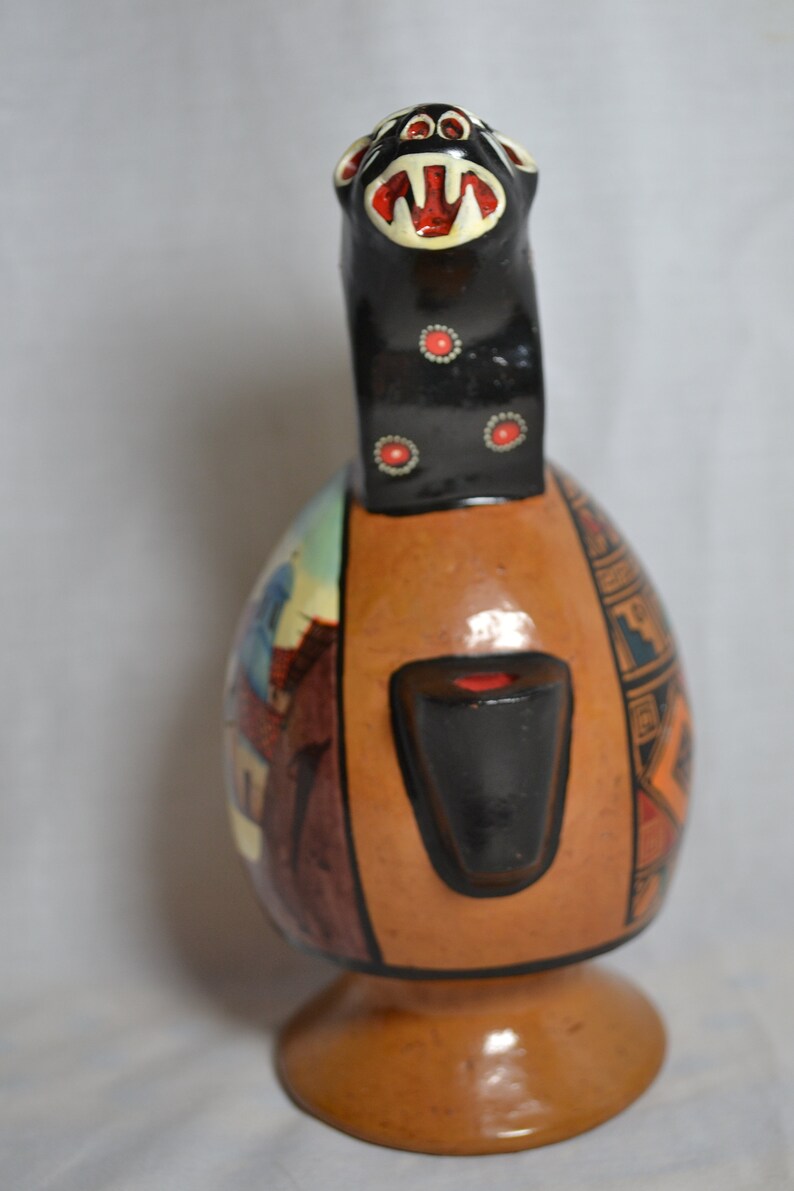 Vintage Cusco Peru Chicha Terracotta Jug Jaguar Figurine Handle Hand ...
