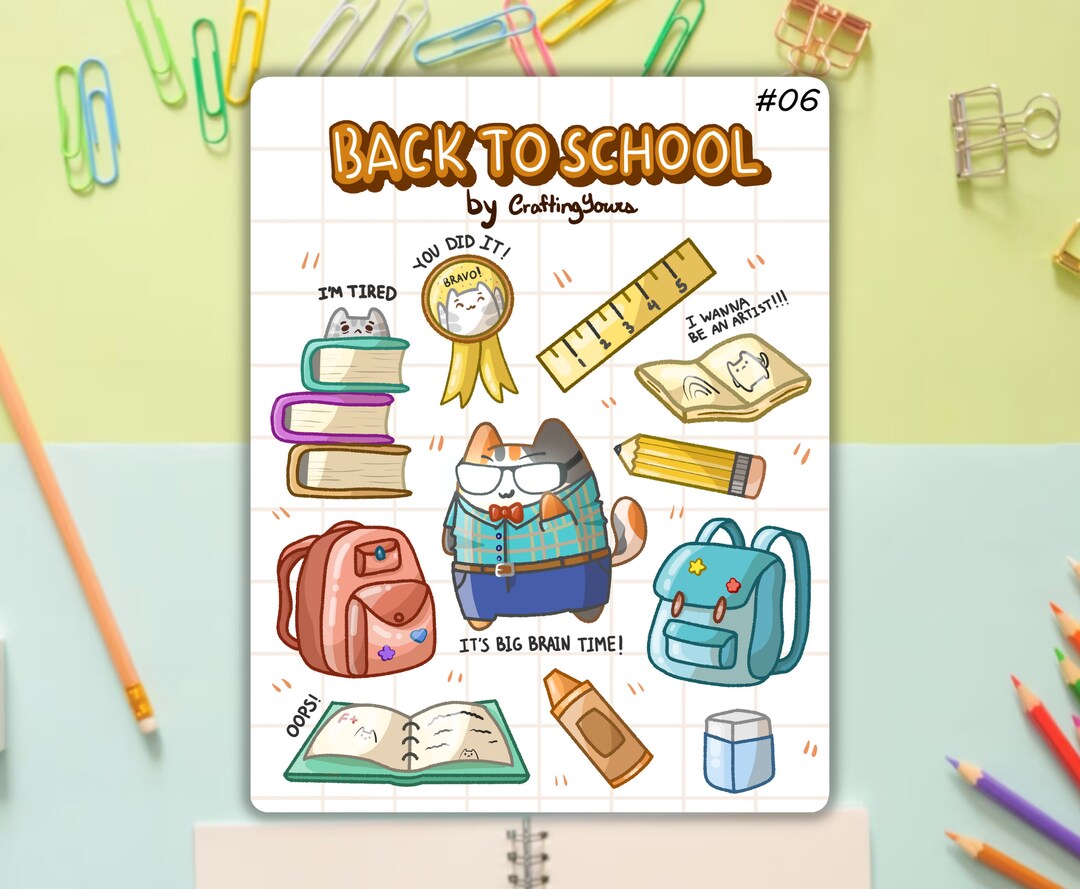 Back to School Sticker Sheet, Cat Sticker Sheet, Vinyl Stickers ...