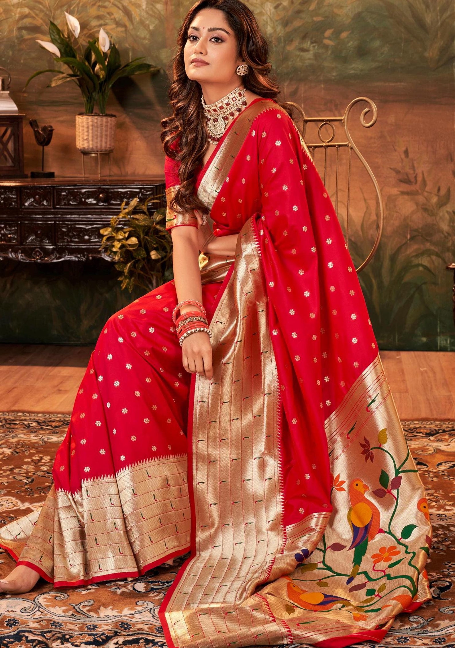 Red Paithani Silk Saree With Pallu With Free Shipping in USA, Uk for ...