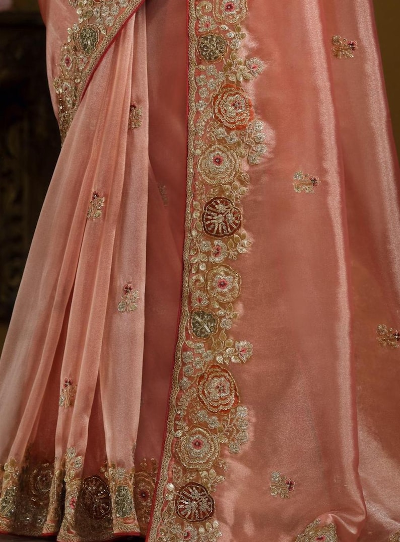 Peach Color Saree Embroidered Silk Saree for Wedding for Occasion ...