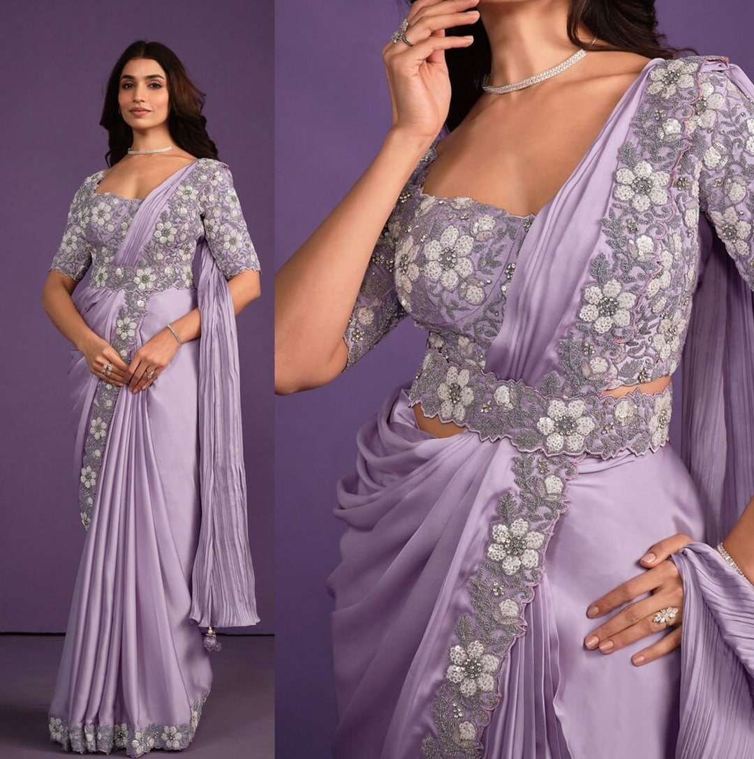 Satin Silk Purple Color Saree Bollywood Style Saree Party Wear Saree ...