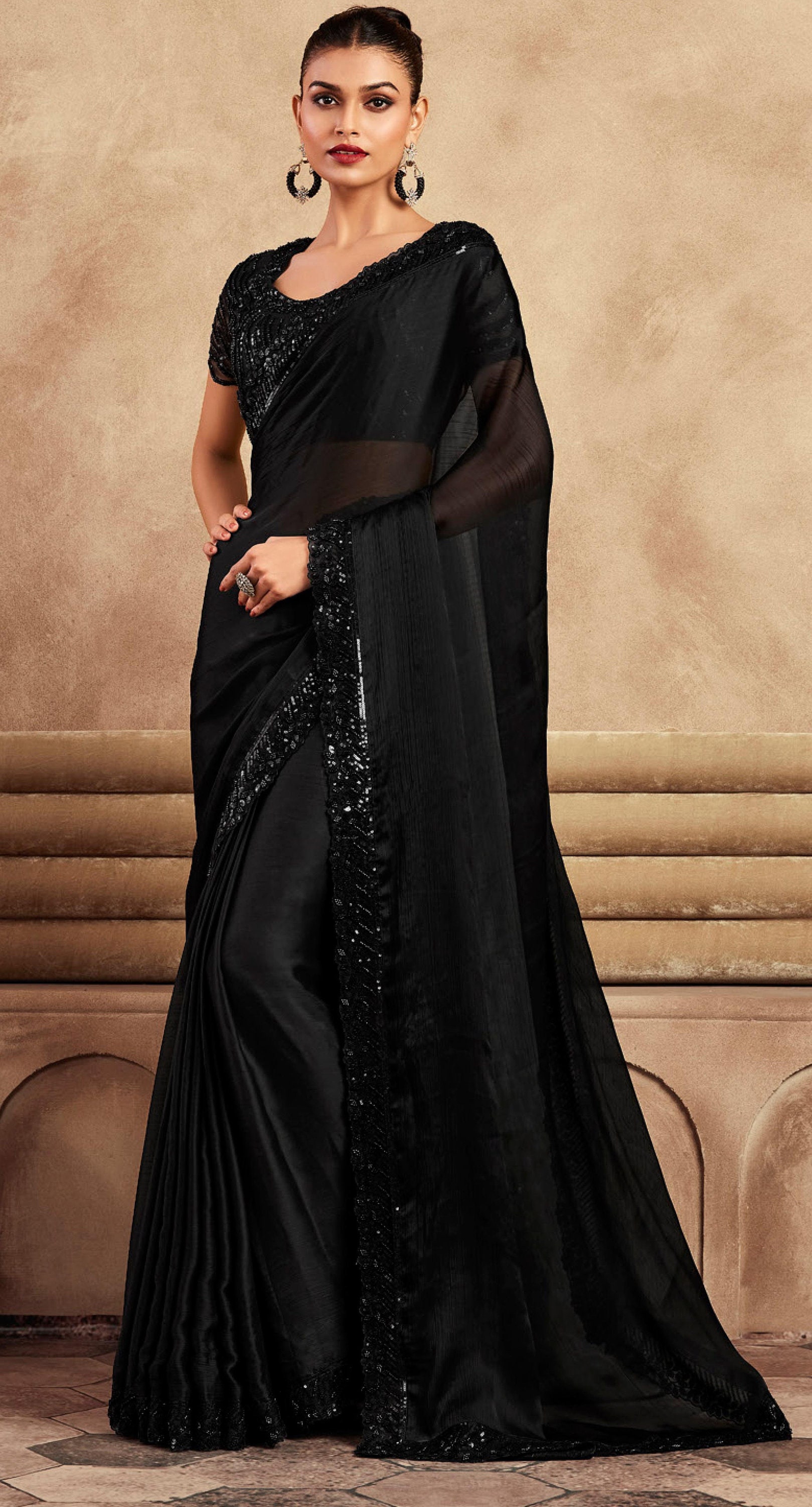 Black Silk Saree, Sari With Stitched Blouse, Ready to Wear Indian ...