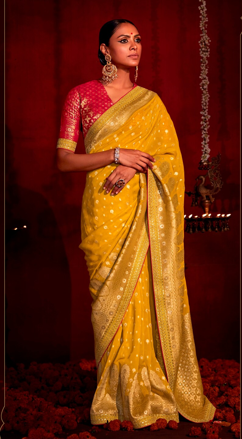 Latest Silk Saree in Yellow Color for Haldi Function Wedding Saree ...