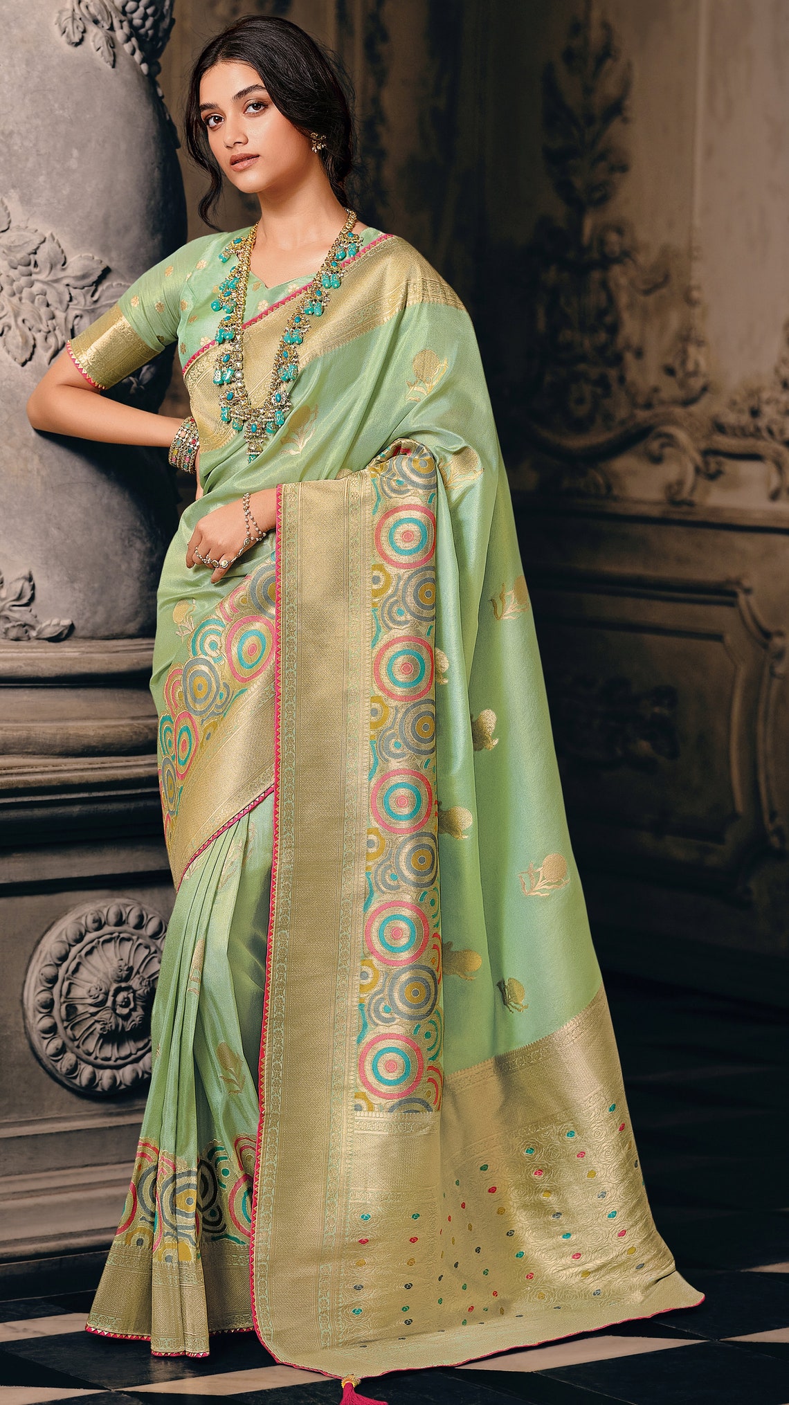 Pista Green Silk Saree With Stitched Blouse Readymade - Etsy