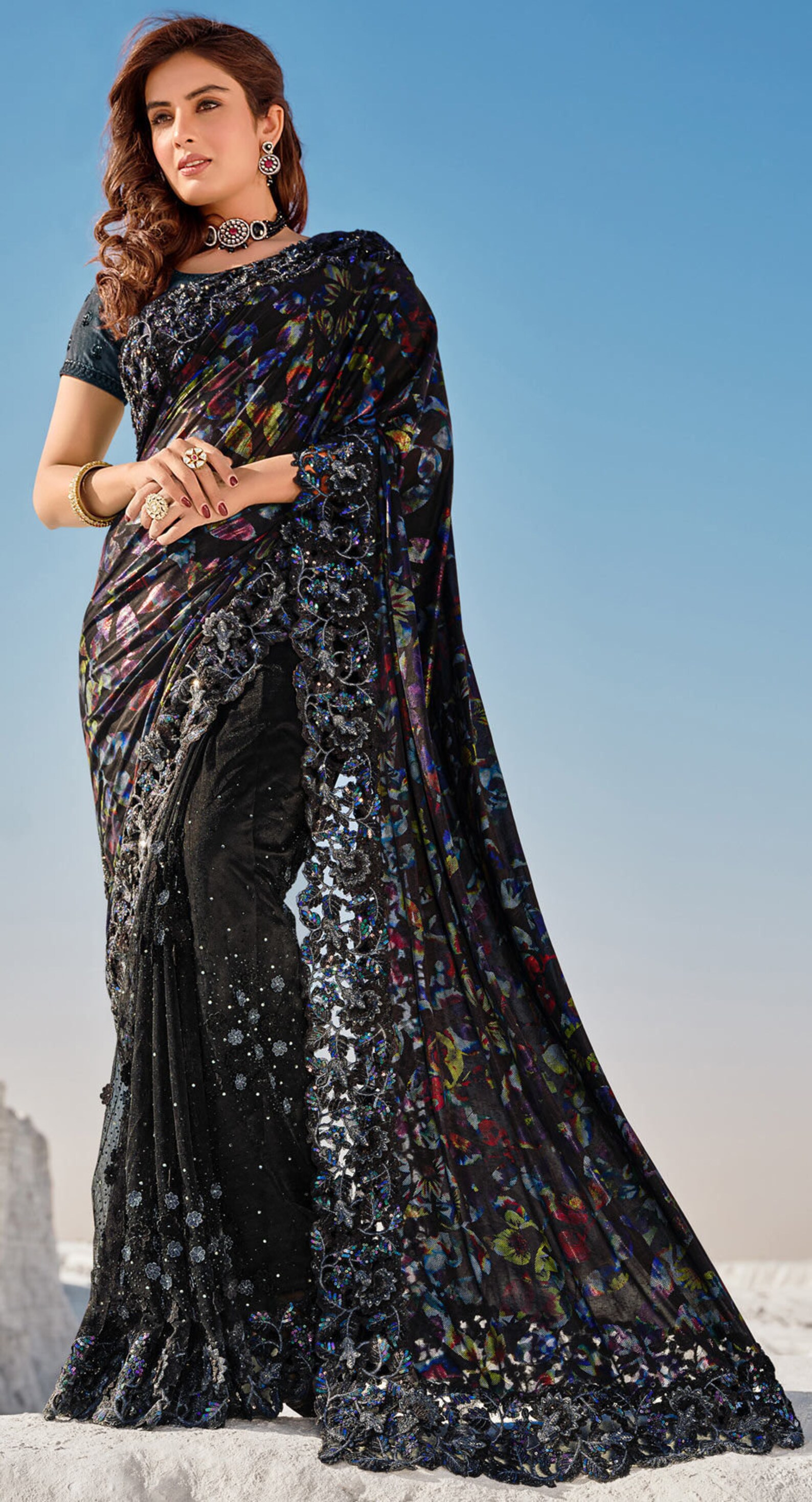 Black Grey Color Net Saree With Bollywood Style Designer | Etsy