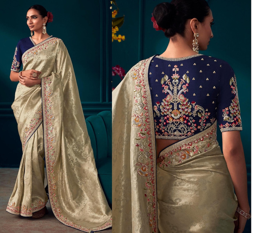 Silk Saree With With Embroidered Stitched Blouse, Indian Traditional ...