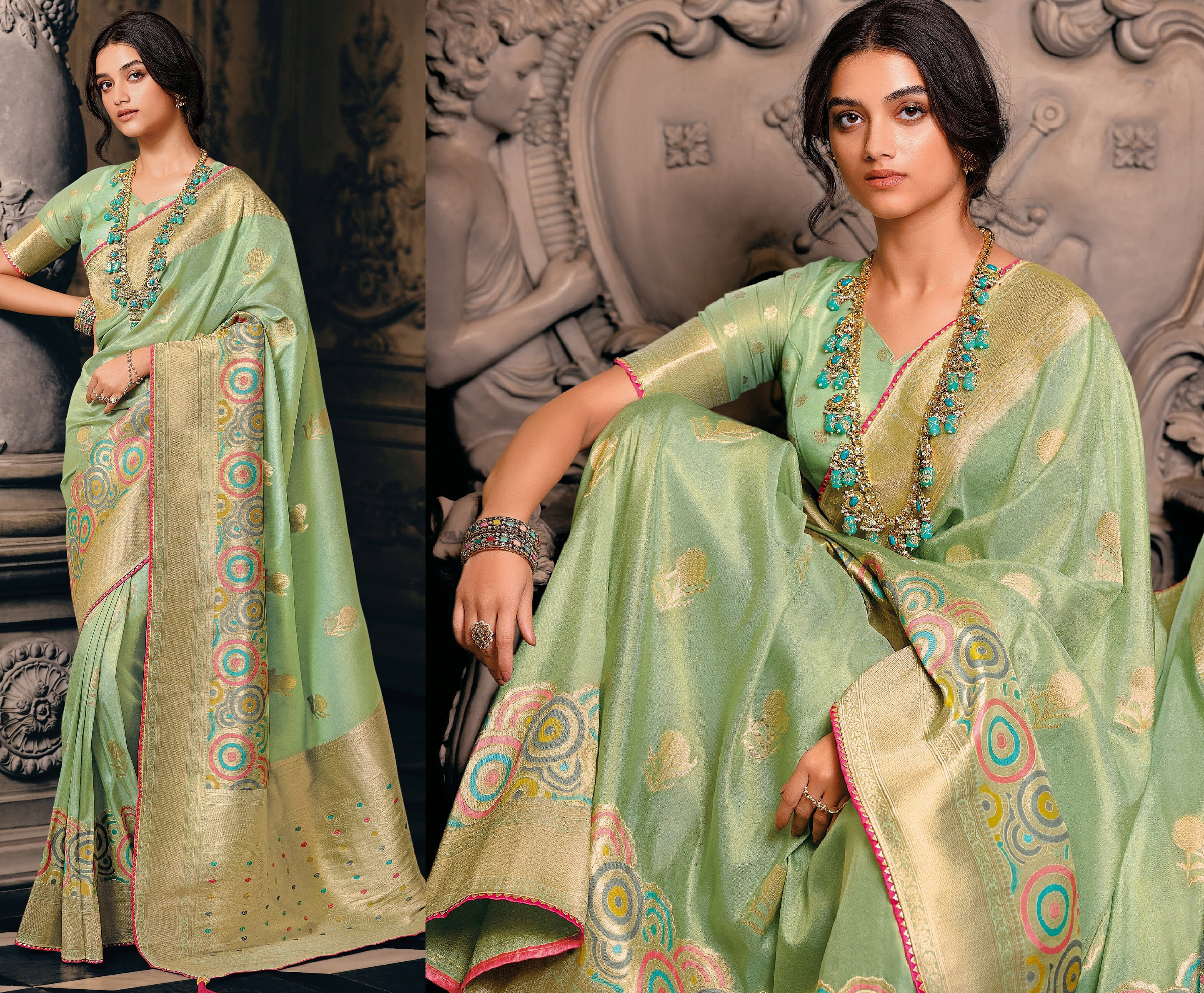 Pista Green Silk Saree With Stitched Blouse Readymade - Etsy