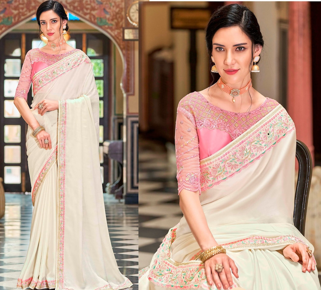Off White Saree With Pink Border Silk Sareeready to Wear - Etsy