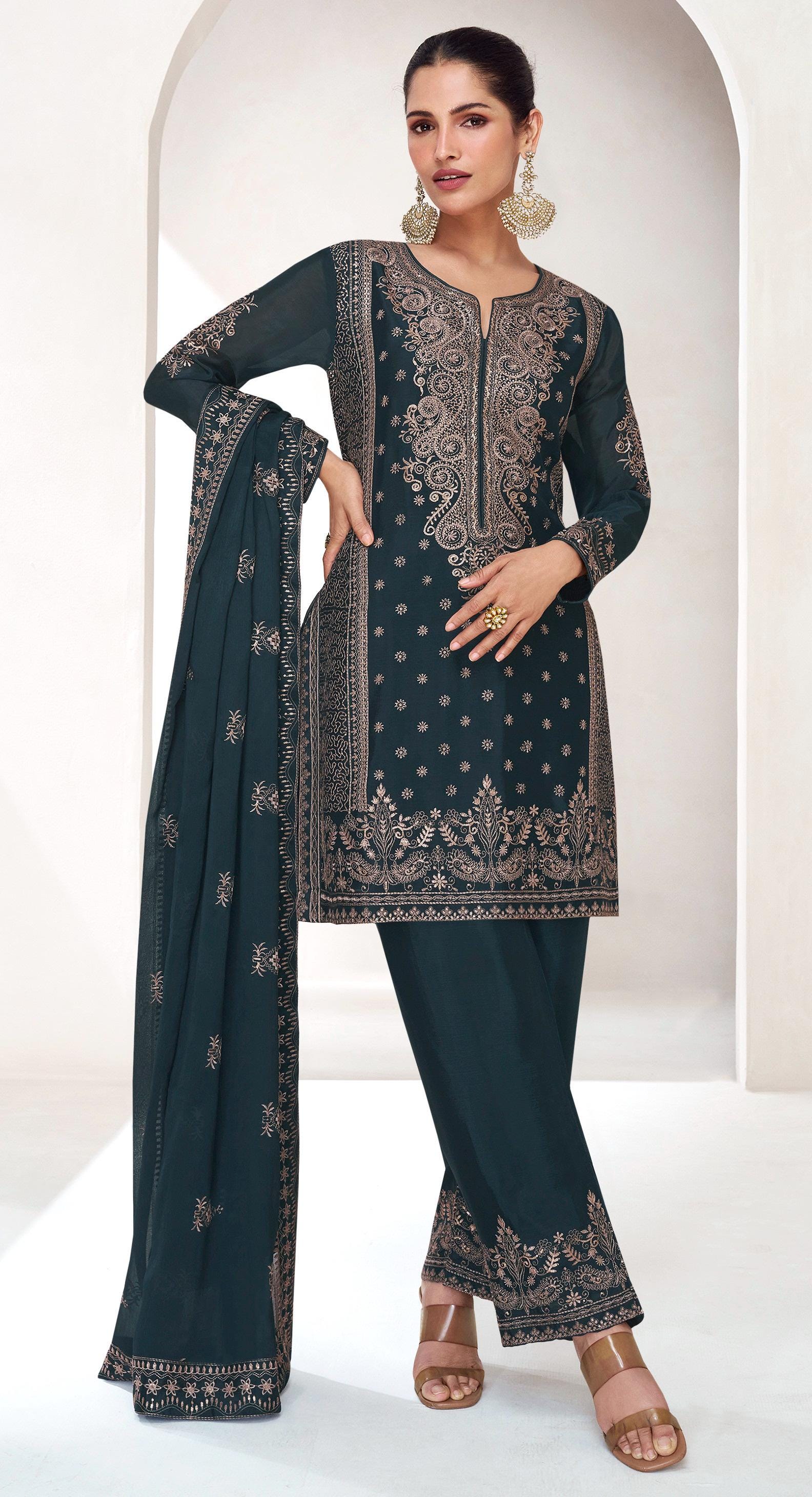 Pakistani Designer 3 Piece Silk Salwar Kameez With Heavy Dupatta Neck ...