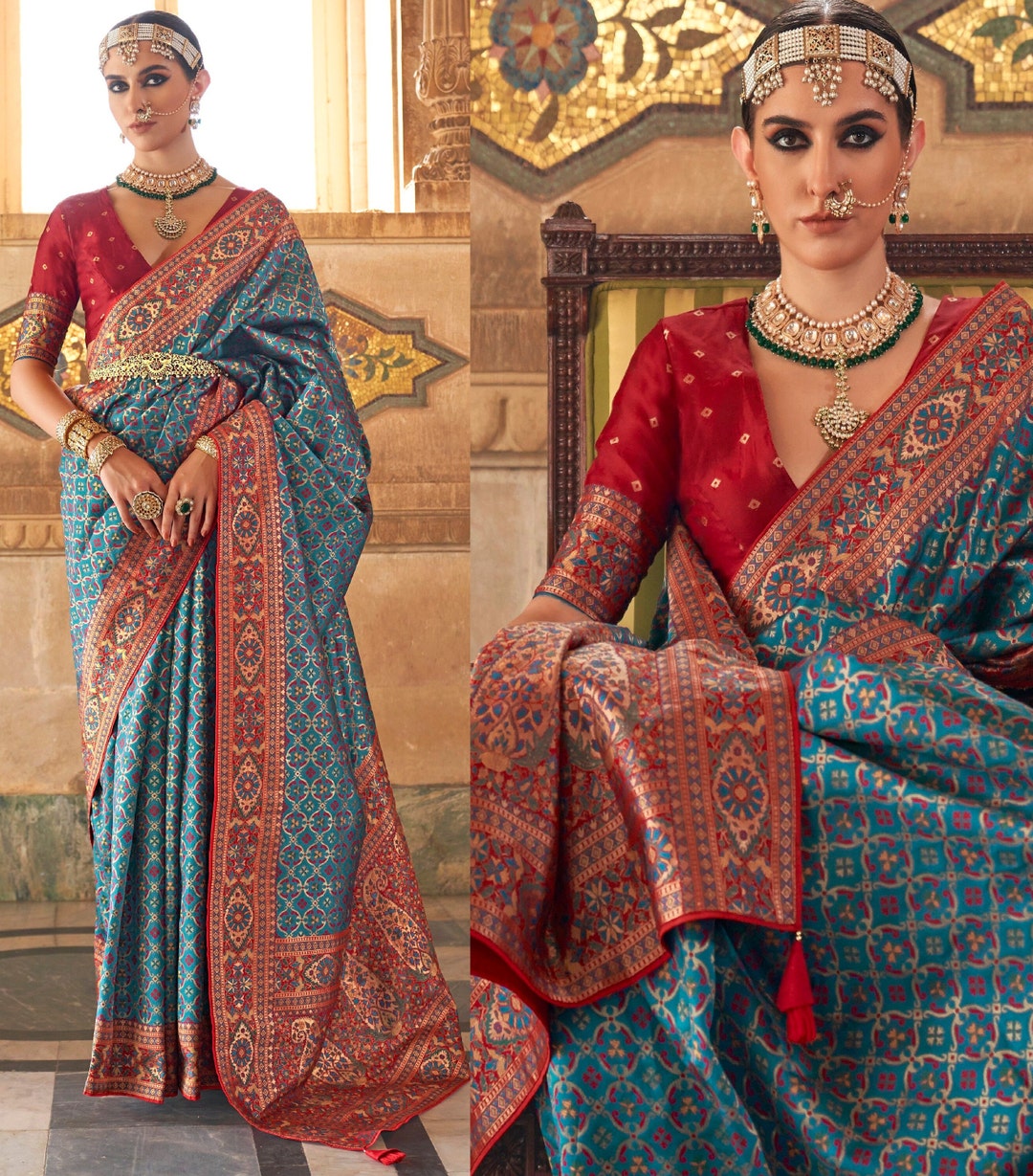 Dark Blue Patan Patola Inspired Designer Sari, Silk Saree With Blouse ...
