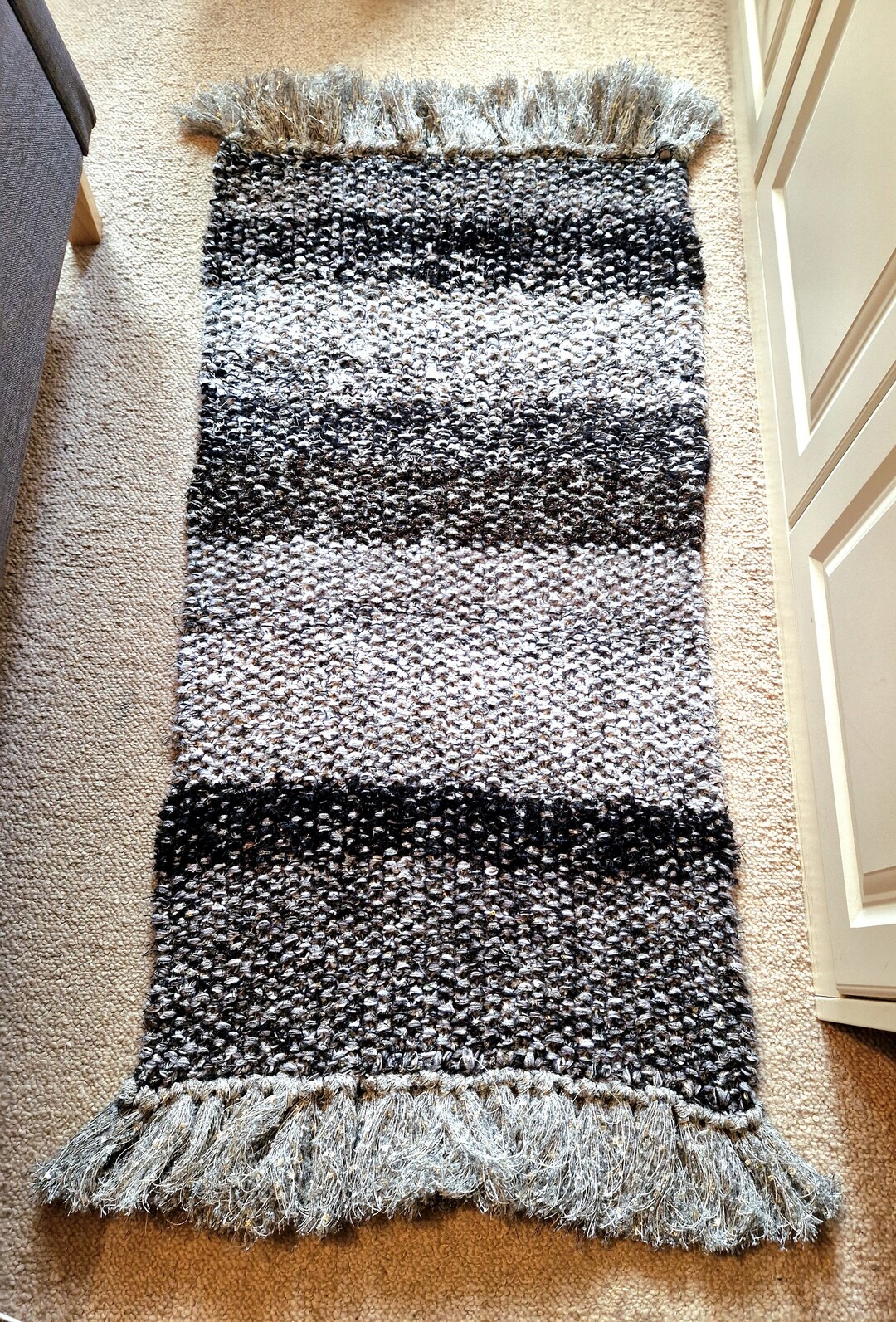 Unique Handknitted, Sustainable Upcycled Rug. Runner Rug, Black, Gold ...