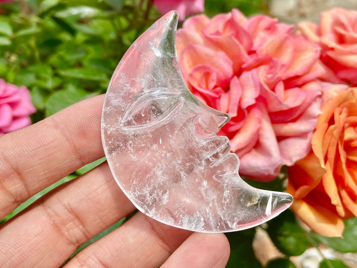 2'' Natural Hand Carved Clear Quartz Moon Face ，crystal Moon's Face ...