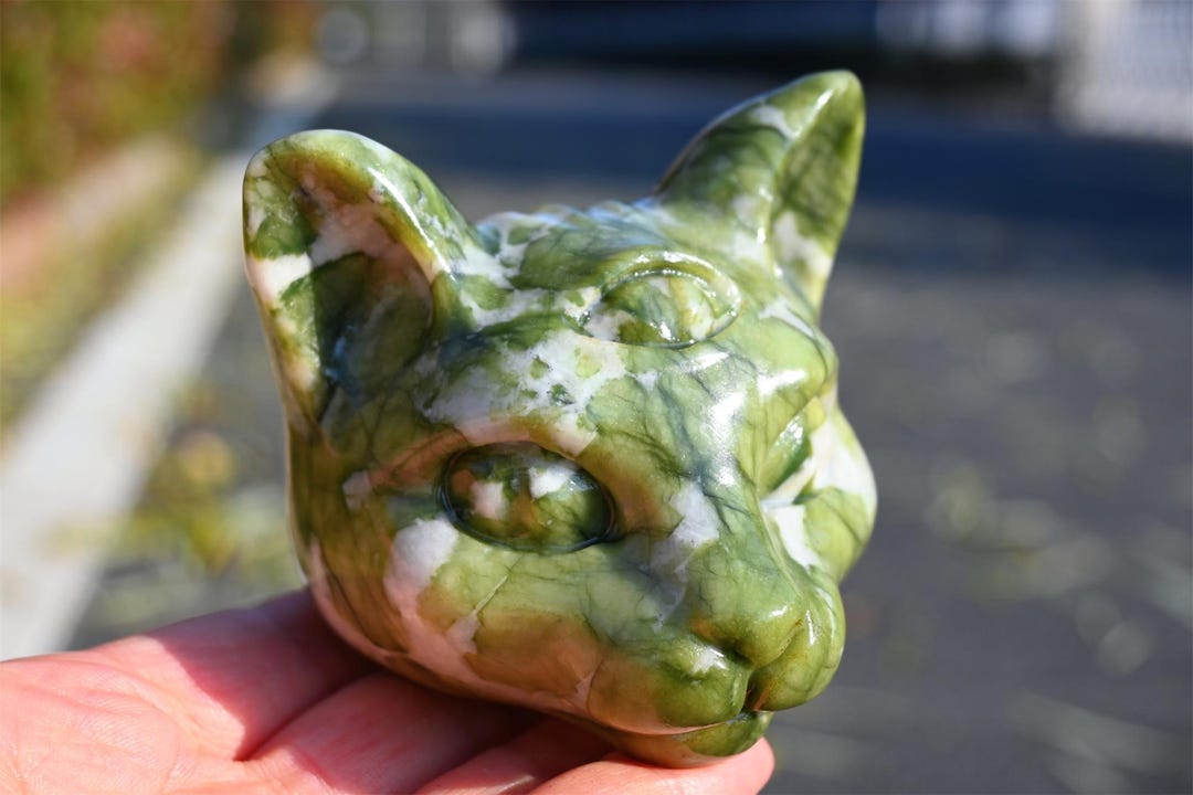 3.1'' Natural Green Jade Cat Head，crystal Cat Carved，cat Figurine ...