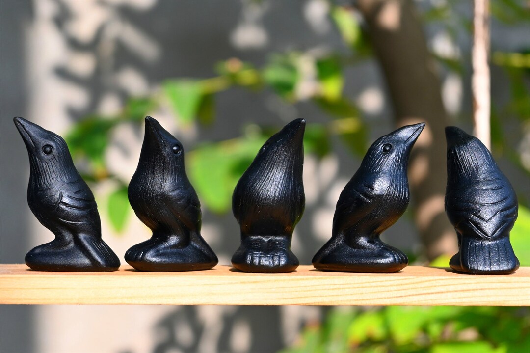 2'' Natural Hand Carved Obsidian Crow，crystal Crow，crow Figurine，crow Skull，obsidian Bird ...