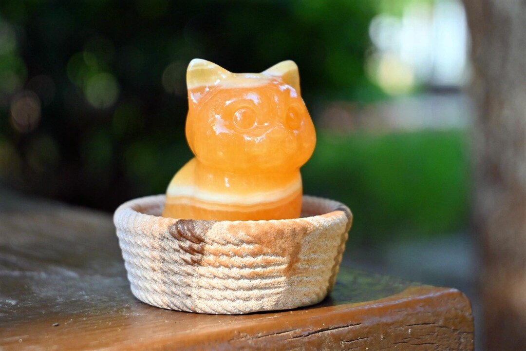 2'' Natural Geode Stone Cat+quartz Basket，crystal Cat Carved，cat ...