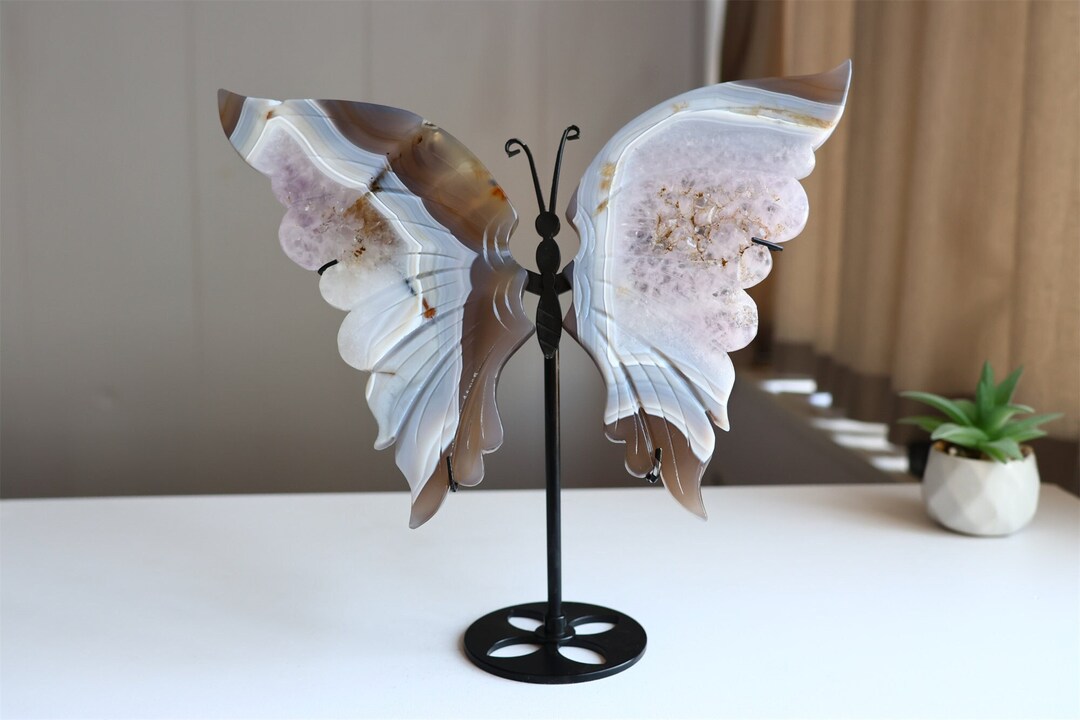 0.75kg Natural Hand Carved Gray Agate Geodes Butterfly Wingscrystal ...