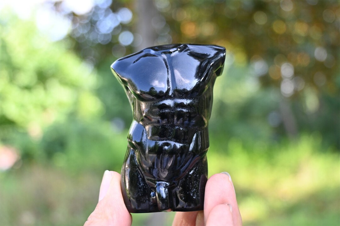 3.2'' Natural Hand Carved Obsidian Male Body，quartz Crystal，obsidian ...