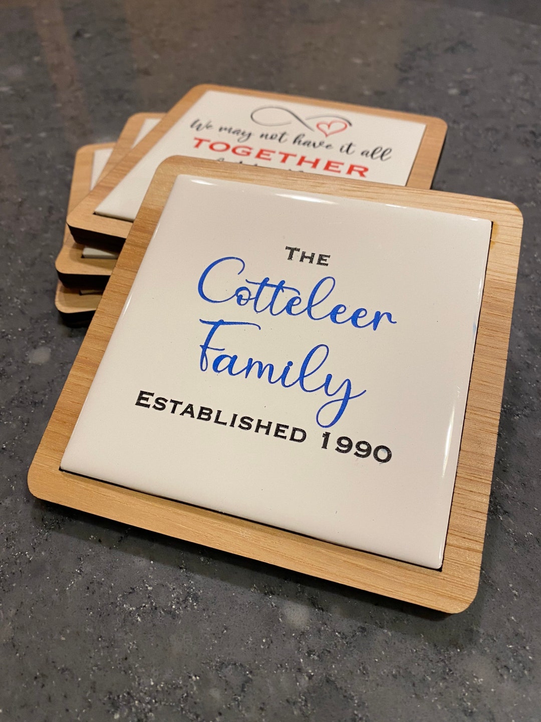 Home & Family Engraved Tile Coasters set of 4 / Personalized / Gift ...