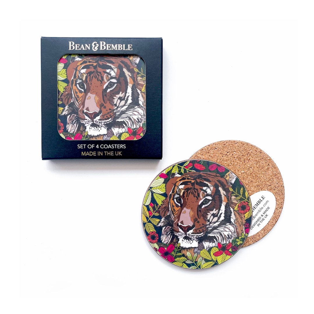 Cat Coasters Set, Animal Print Decor, Set of 4 Coasters, Tiger Home ...