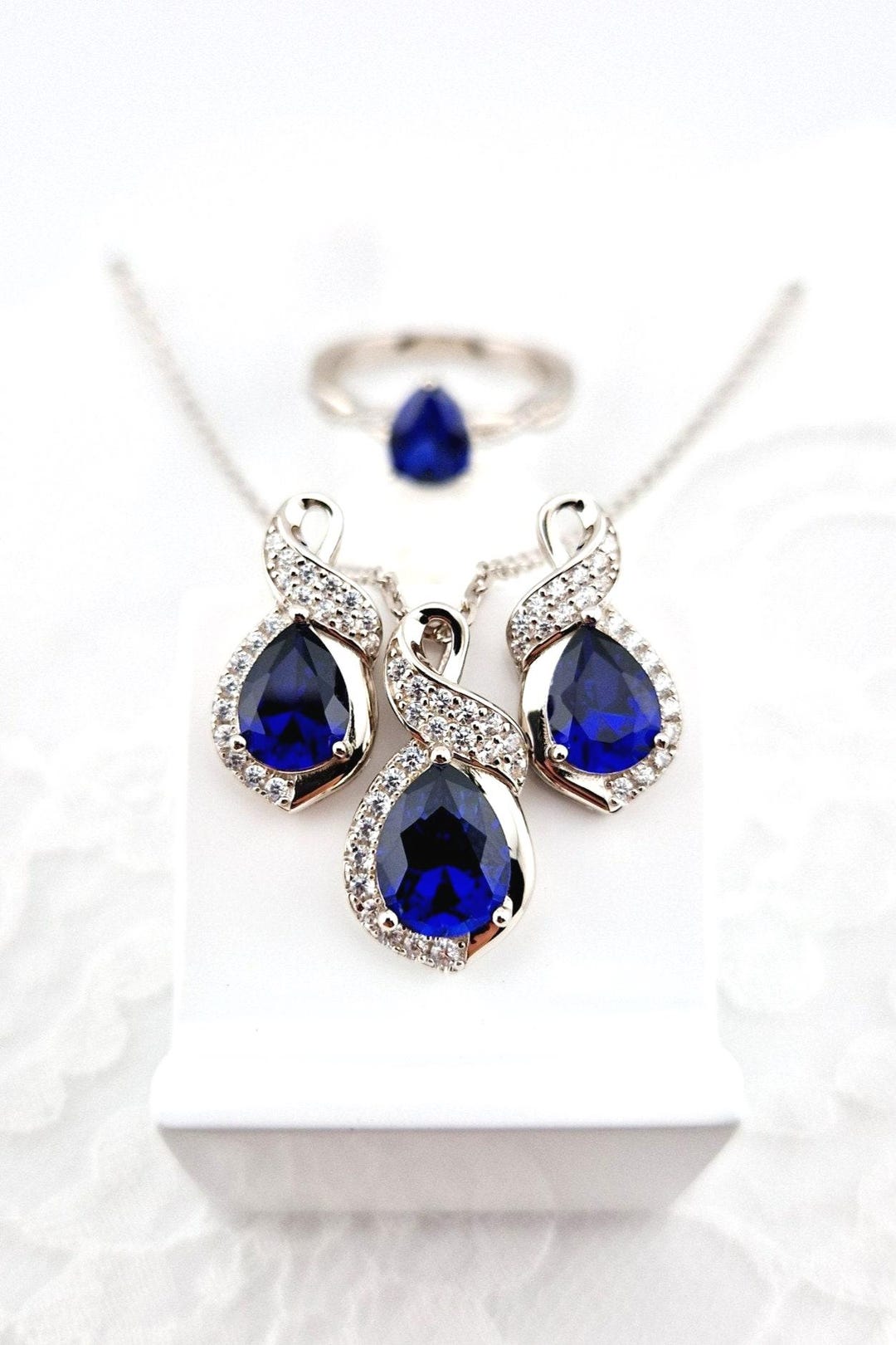 Royal Blue Sapphire Jewelry Set: Sterling Silver Ring, Necklace ...