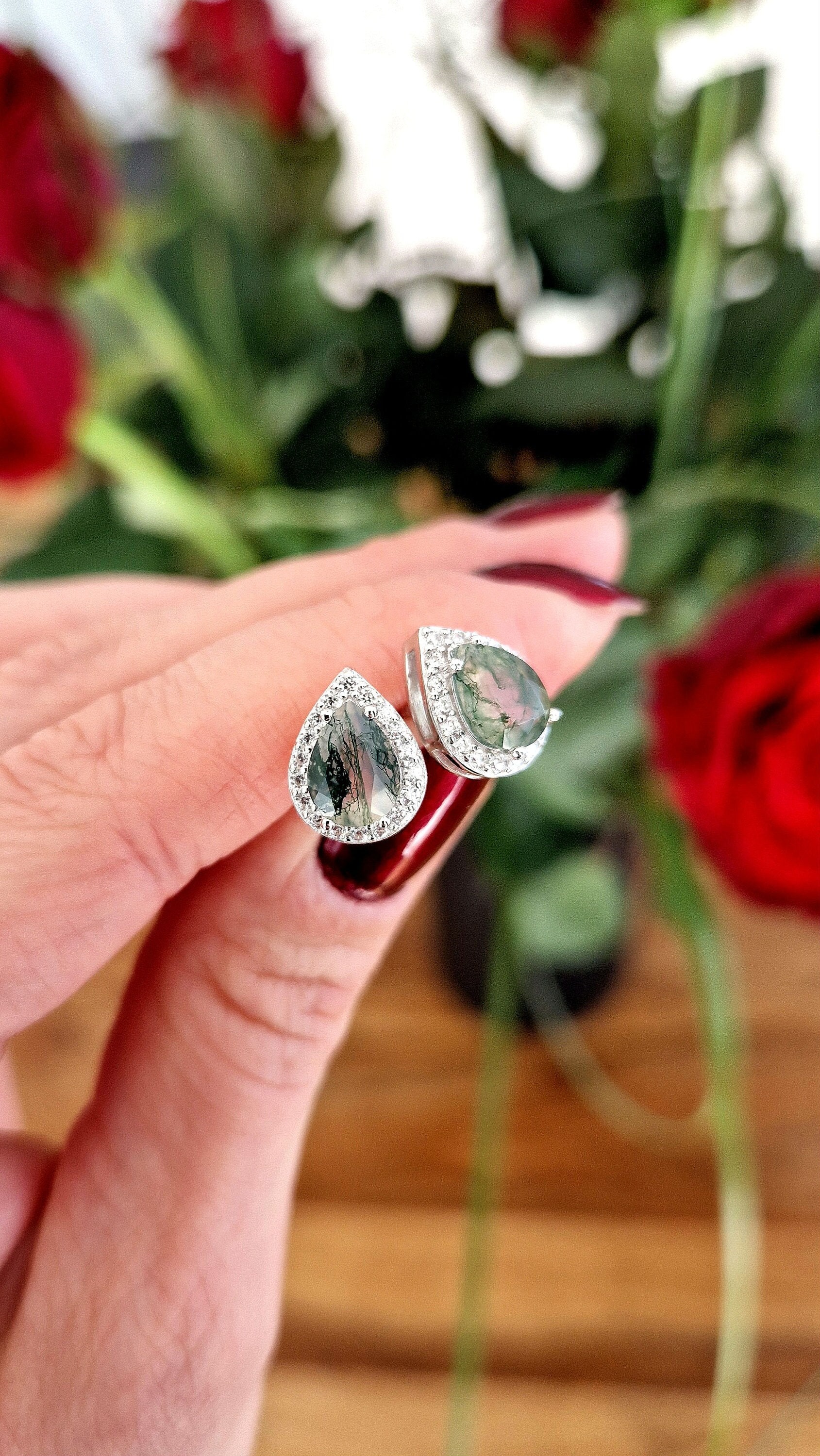 Moss Agate Earrings, Silver Studs With Green Moss Agate Gemstone ...