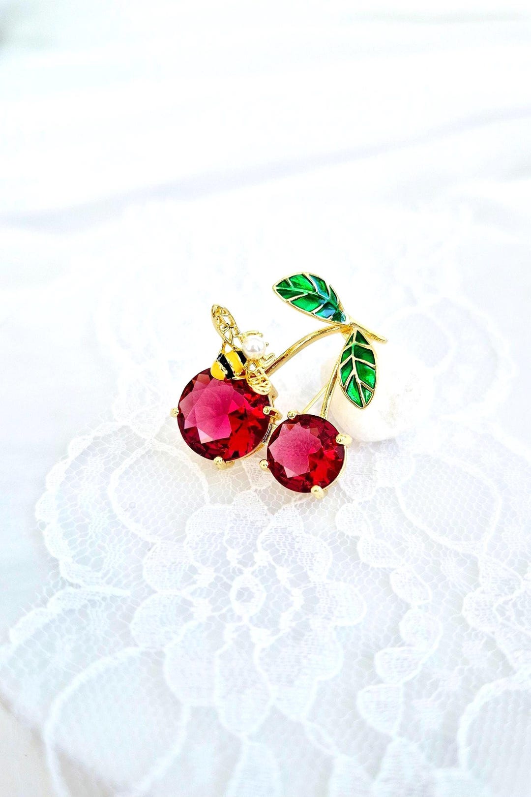 Cherry Brooch, Brosche Kirsche, Gold Brooch, Broach, Red Brooch, Broche ...