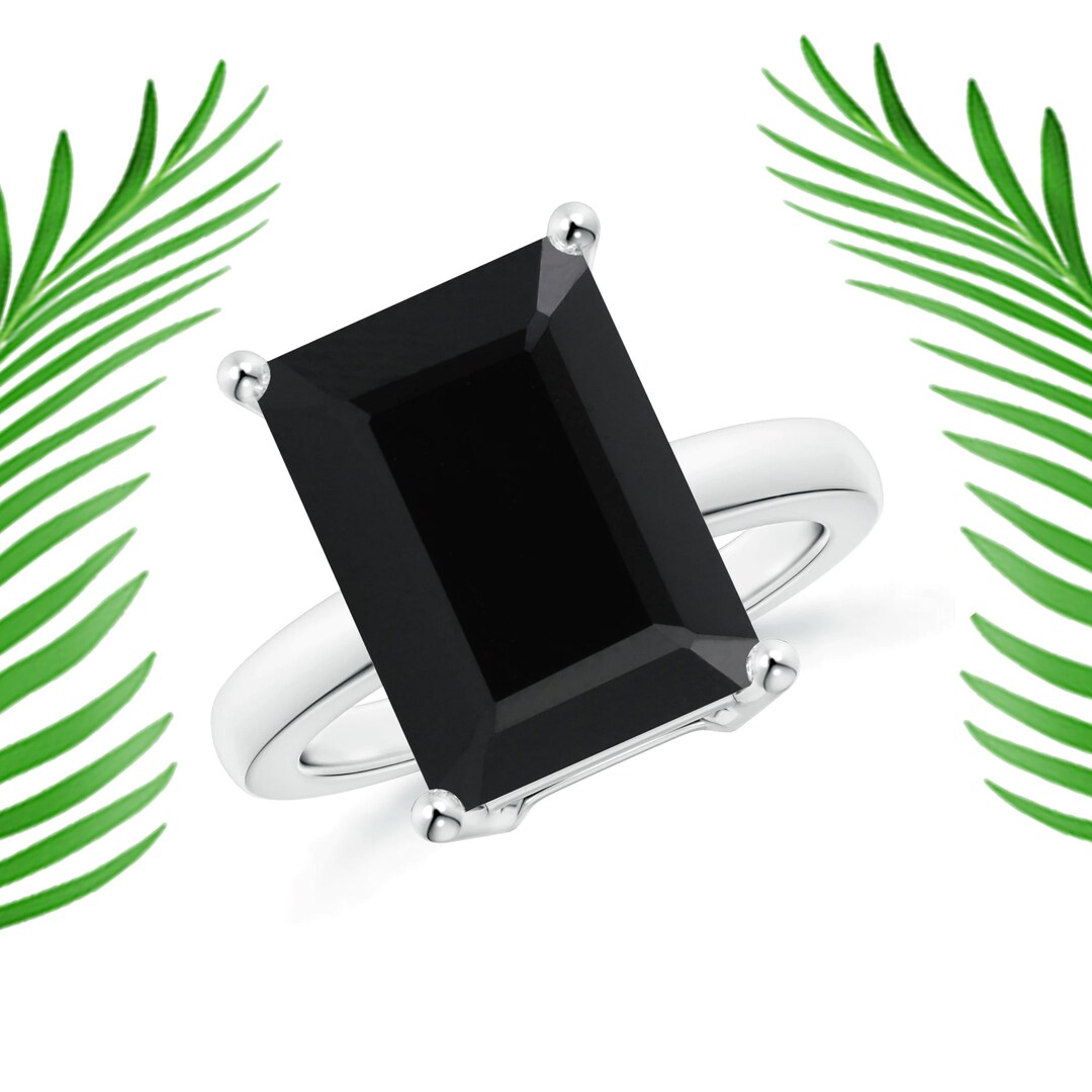 Prong-set Rectangular Black Onyx Cocktail Ring-925 Sterling Silver Ring ...