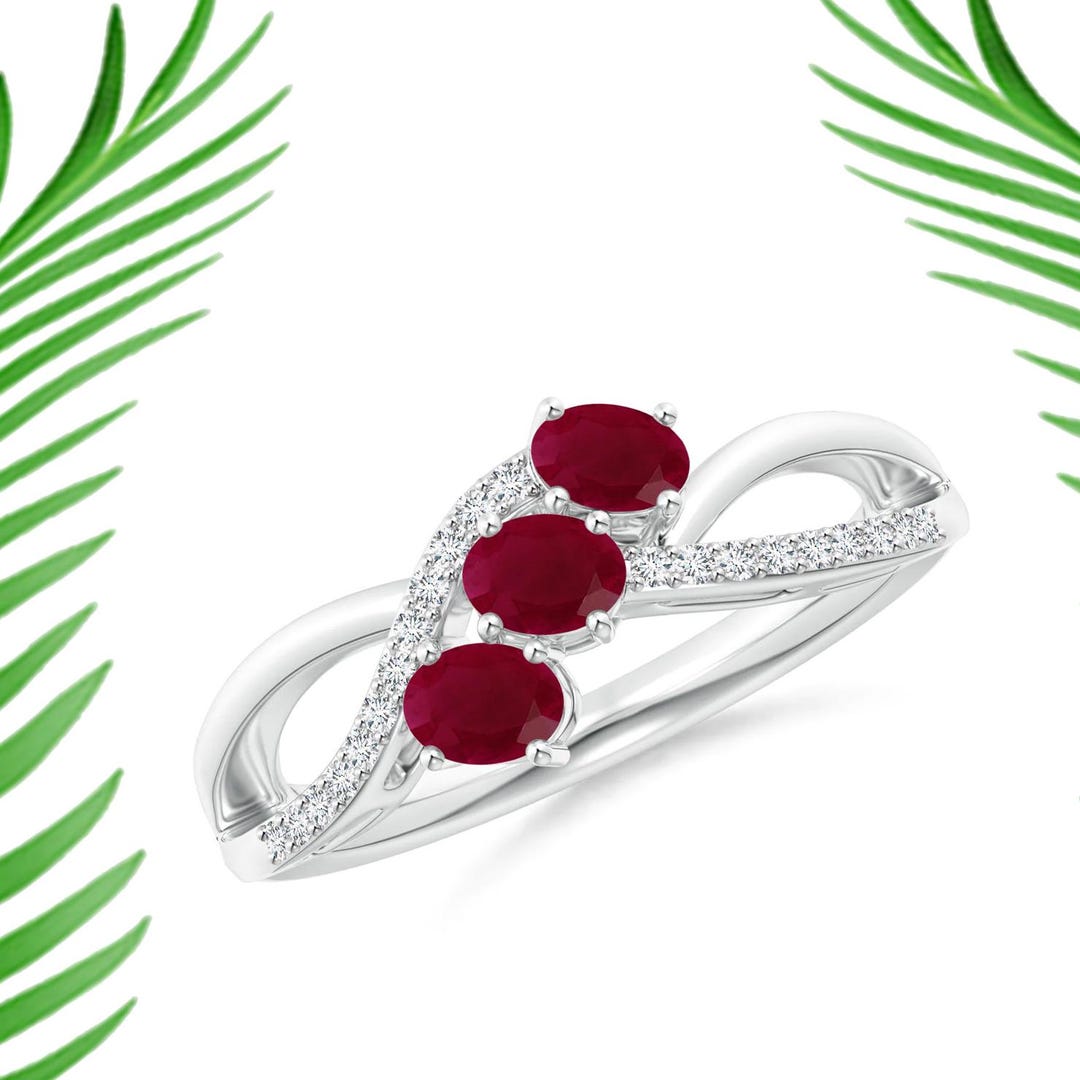 Ruby Ring | Three Stone Bypass Ring With White Topaz Ring | 925 Sterling Silver Ring | Oval Ruby ...