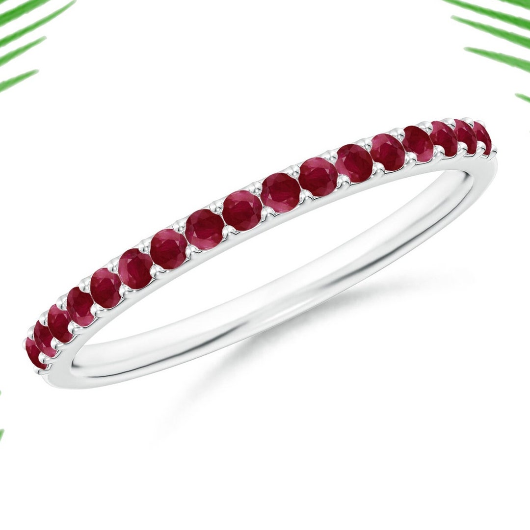 Prong Set Half Eternity Round Ruby Wedding Band, 925 Sterling Silver ...