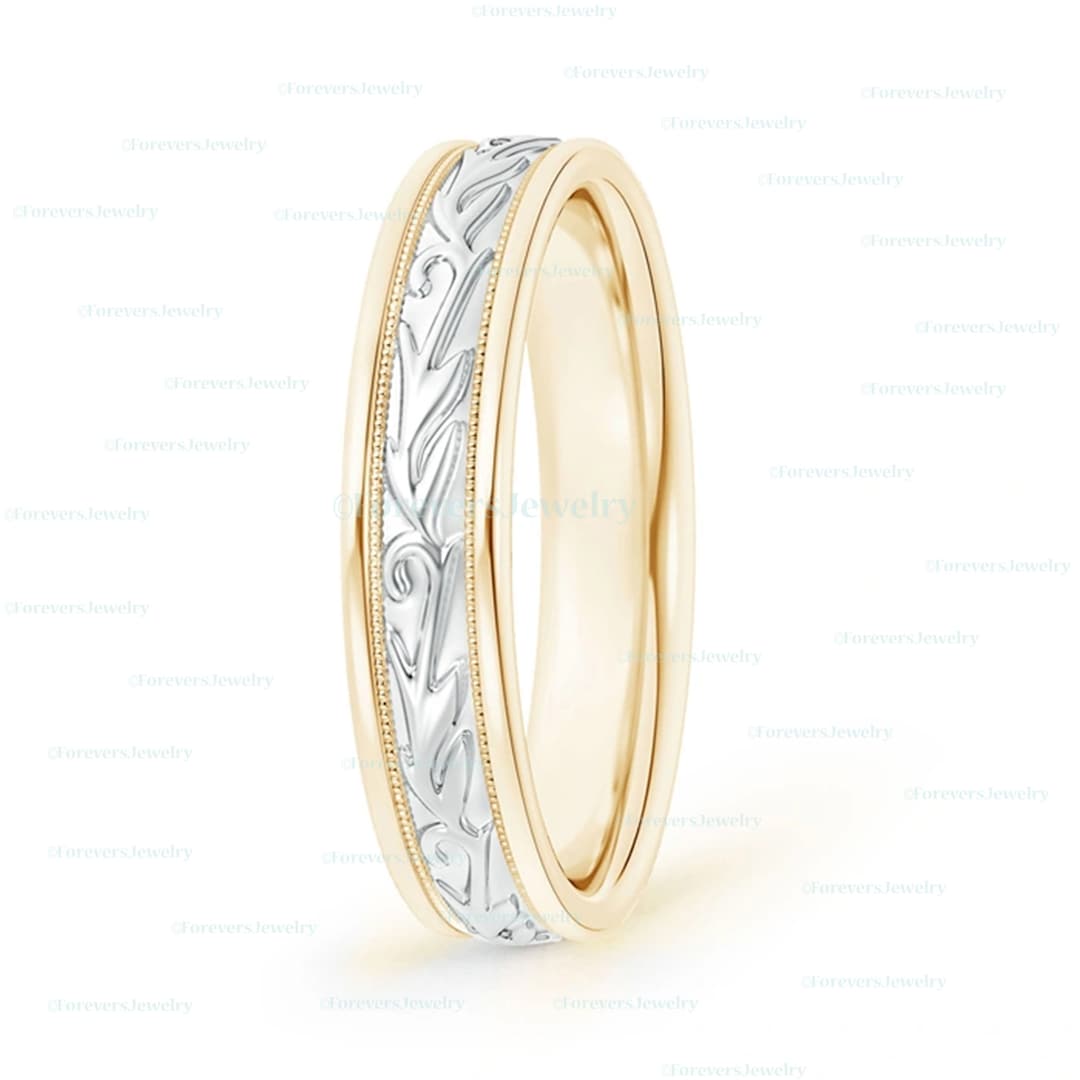 Milgrain-edged Leaf and Vine Pattern Wedding Band for Him Ring, 925 ...