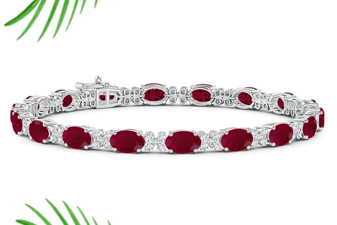 Oval Ruby Tennis Bracelet With White Topaz, Ruby Bracelet, 925 Sterling ...
