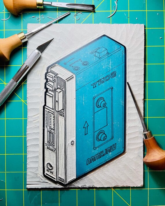Prints Art & Collectibles 1987 Sony Walkman Original hand carved Lino ...