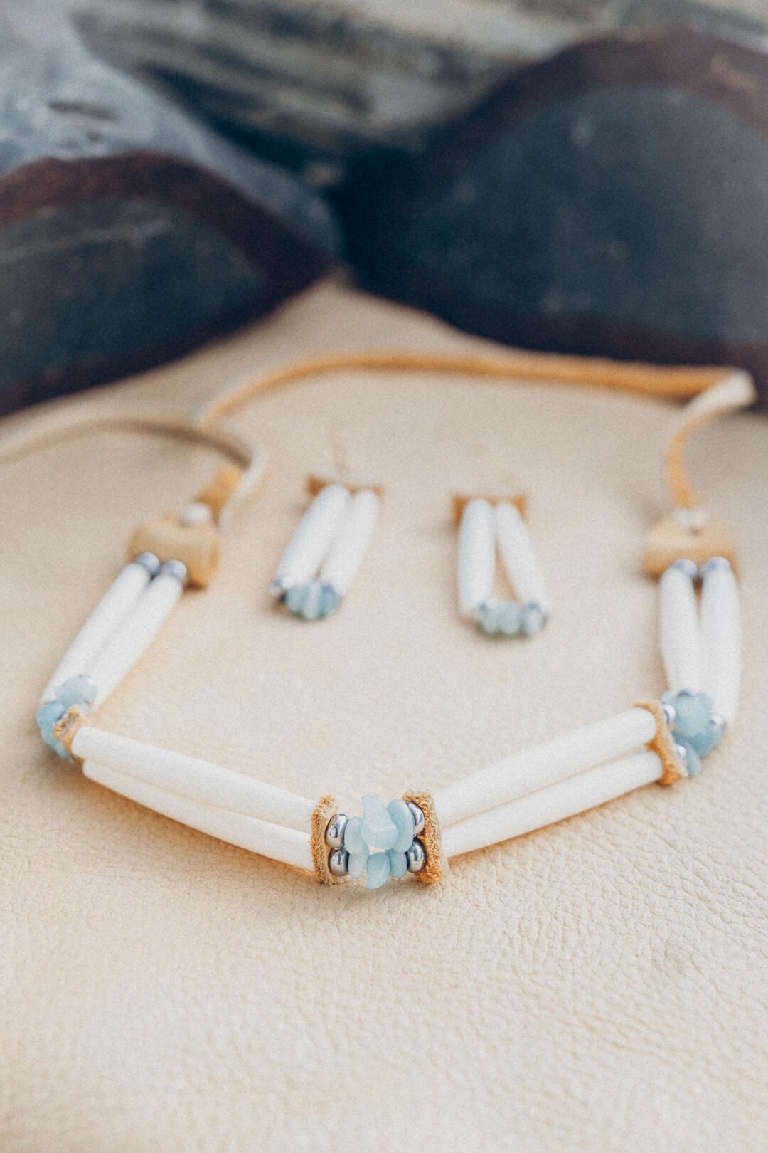 Light Blue Stone Buffalo Hairpipe Choker Necklace & Earring SET - Etsy