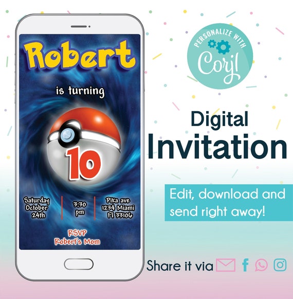 Pokemon invitación digital cumpleaños pokeball party go card - Etsy España