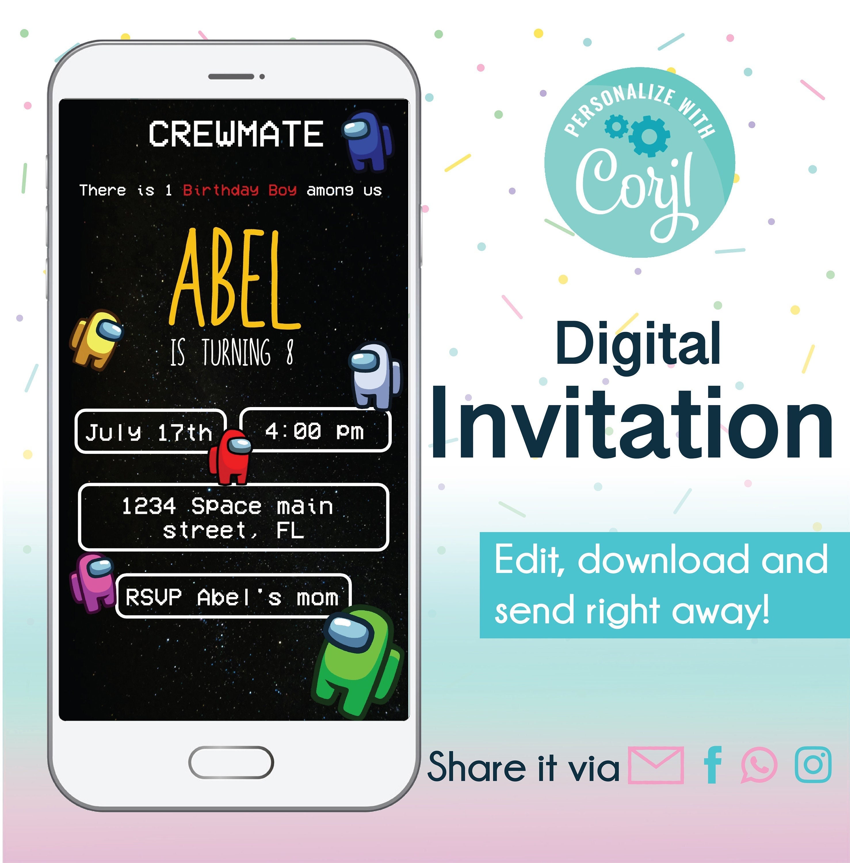 Among Us Digital Invitation Birthday Party Space Videogame Crewmate - Etsy