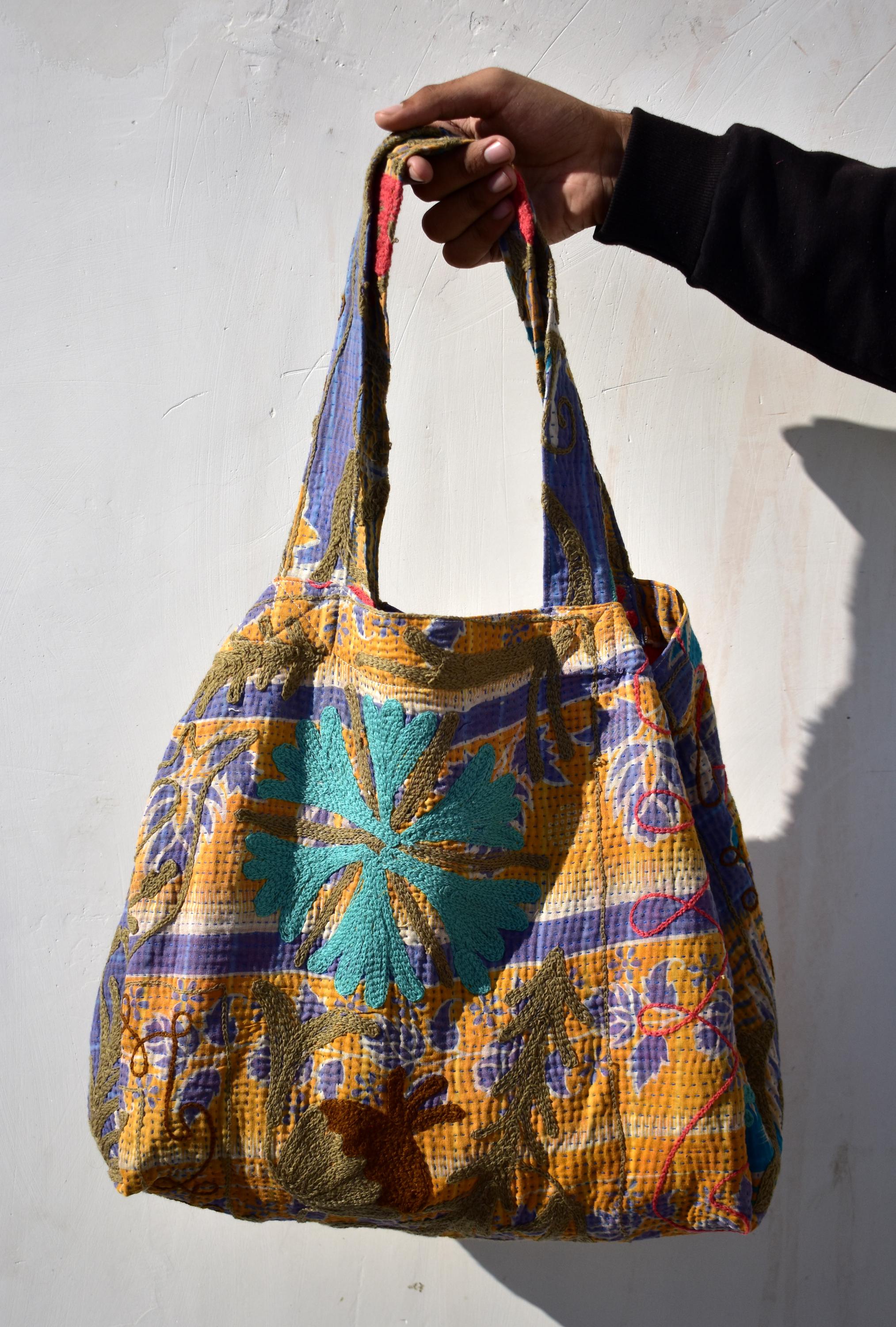 Handmade Kantha Stitch Tote Bag: Upcycled Sari Fabric - Etsy