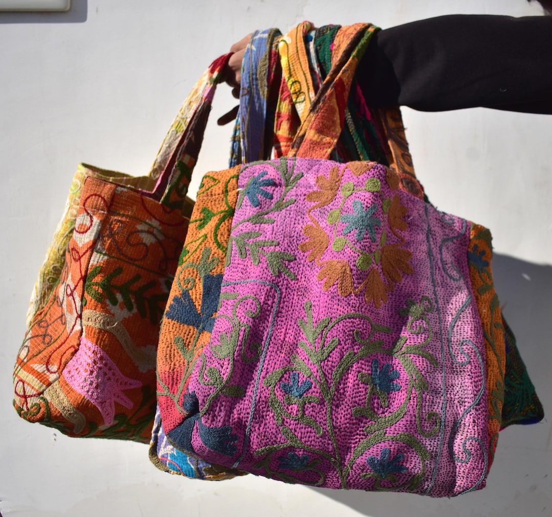Handmade Kantha Stitch Tote Bag: Upcycled Sari Fabric - Etsy