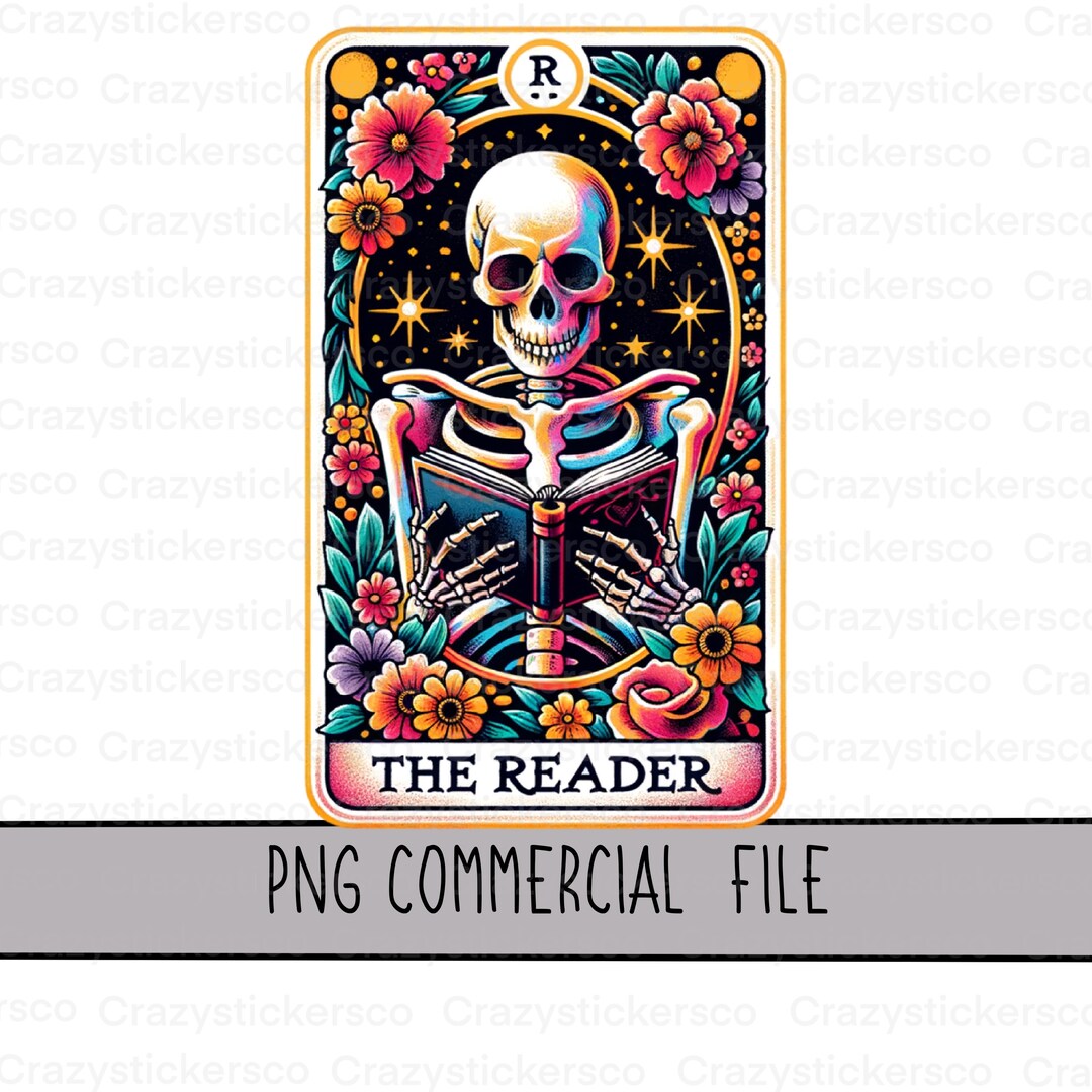 The Reader Skeleton Tarot Card Starry Night Floral Sticker PNG , Book ...